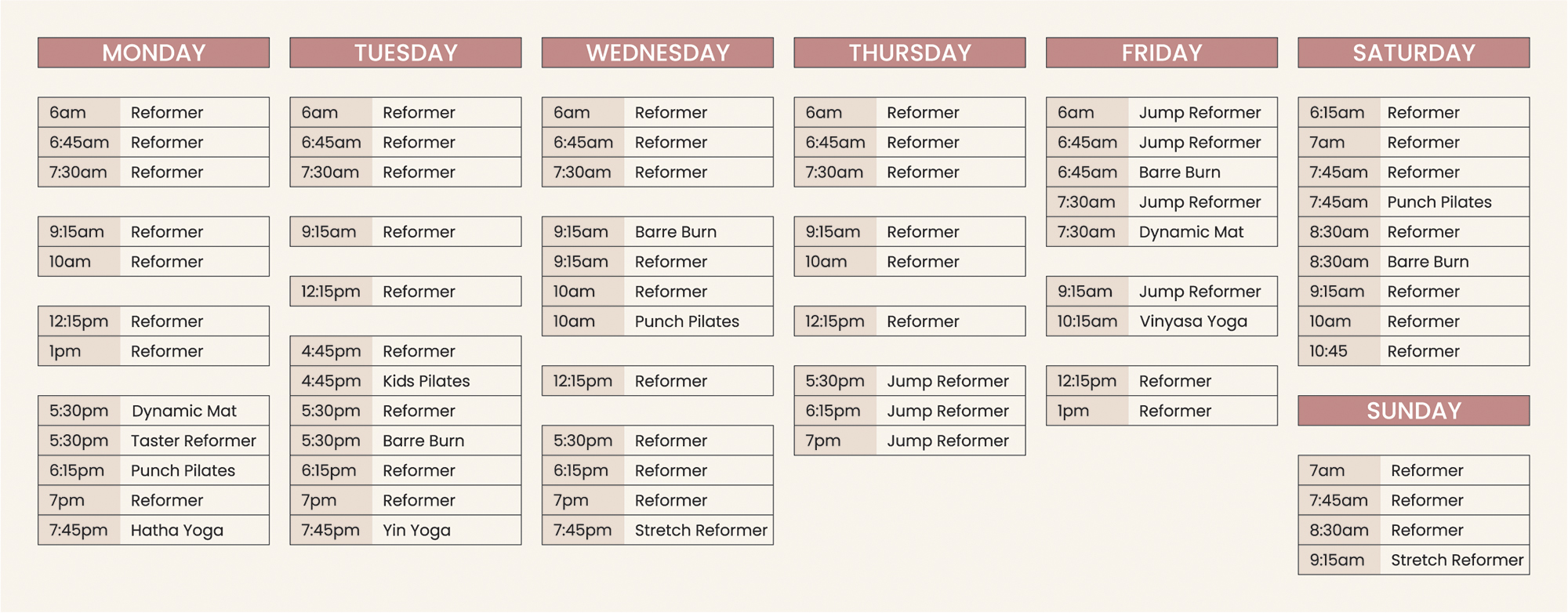Timetable - Addicted to Pilates